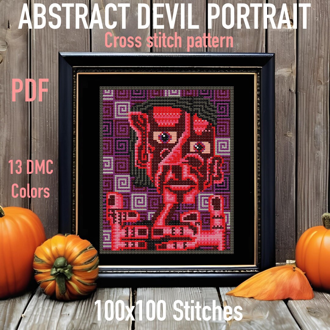 Cubist Devil Portrait Digital Cross Stitch Pattern _ Crimson and Purple ...