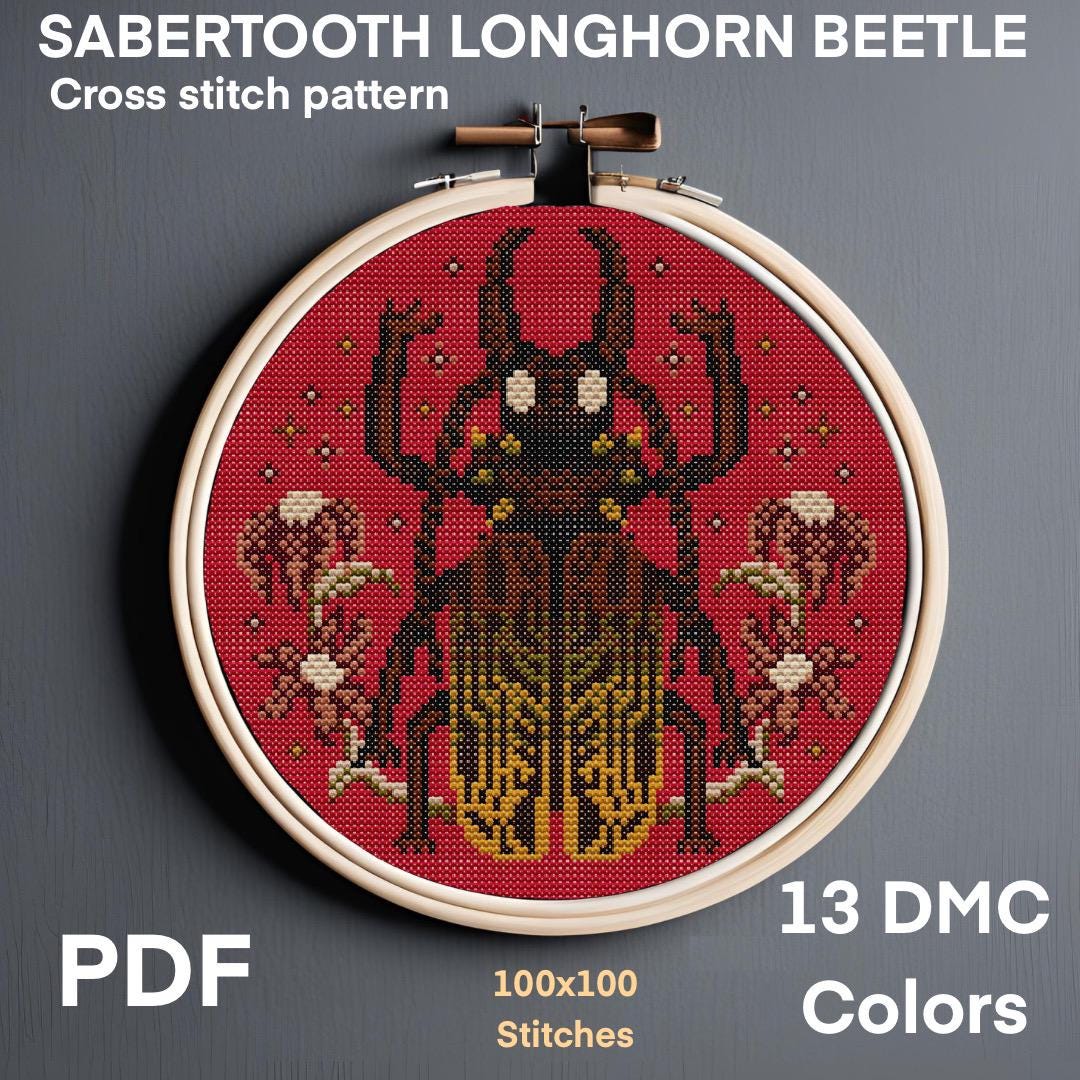 Sabertooth Longhorn Beetle Digital Cross Stitch Pattern | 100x100 ...
