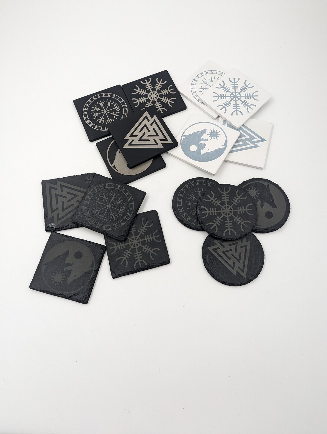 Viking Coasters Set - Helm of Awe, Vegvisir, Valknut, Wolf Yin Yang ...