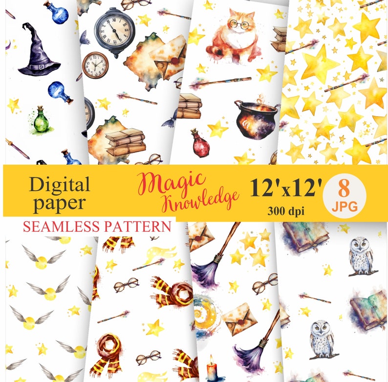 Set of Watercolor Seamless Papers, on a Magical Theme. School of Magic ...