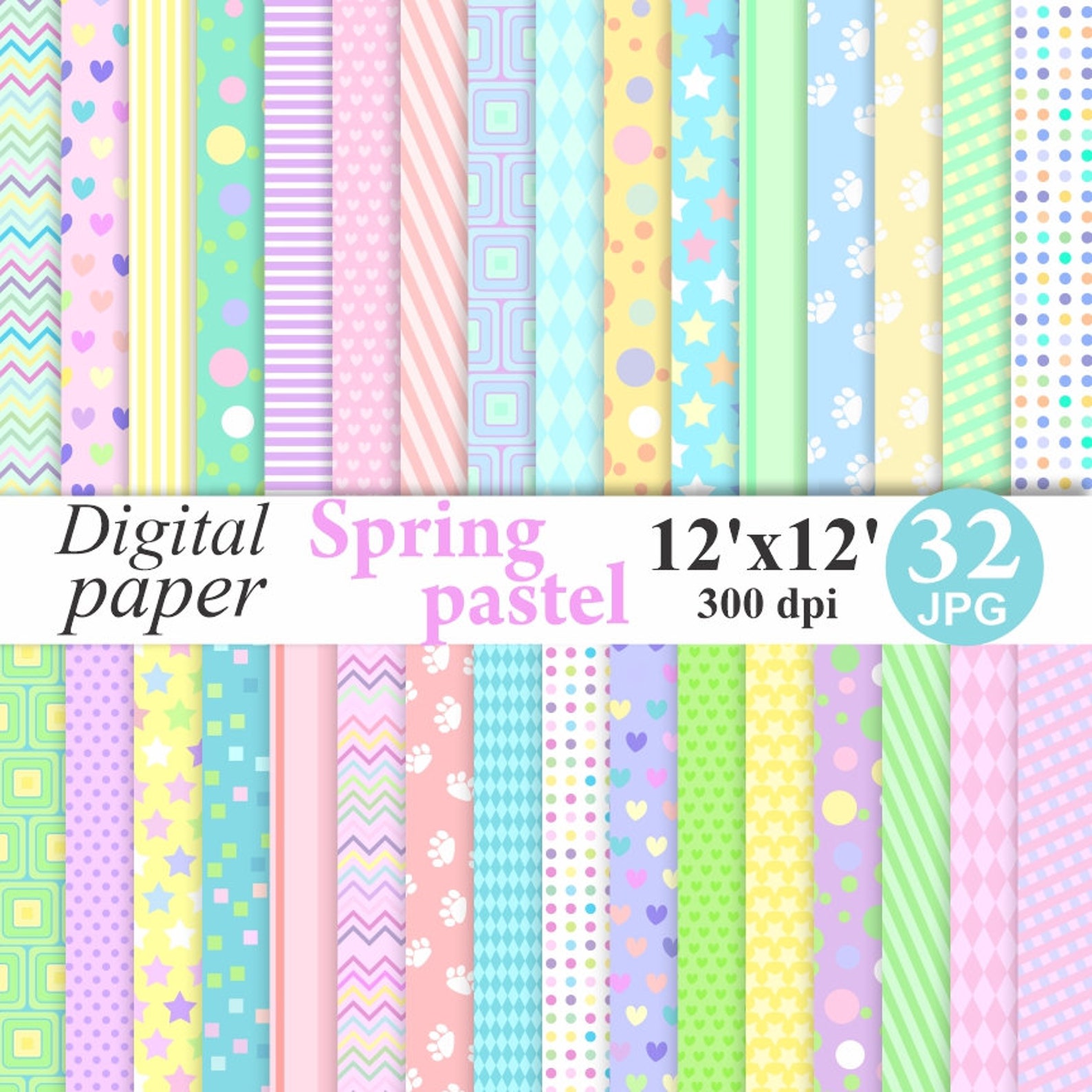 Set of Digital Paper Spring Pastels. 32 Sheets Scrapbooking Paper ...