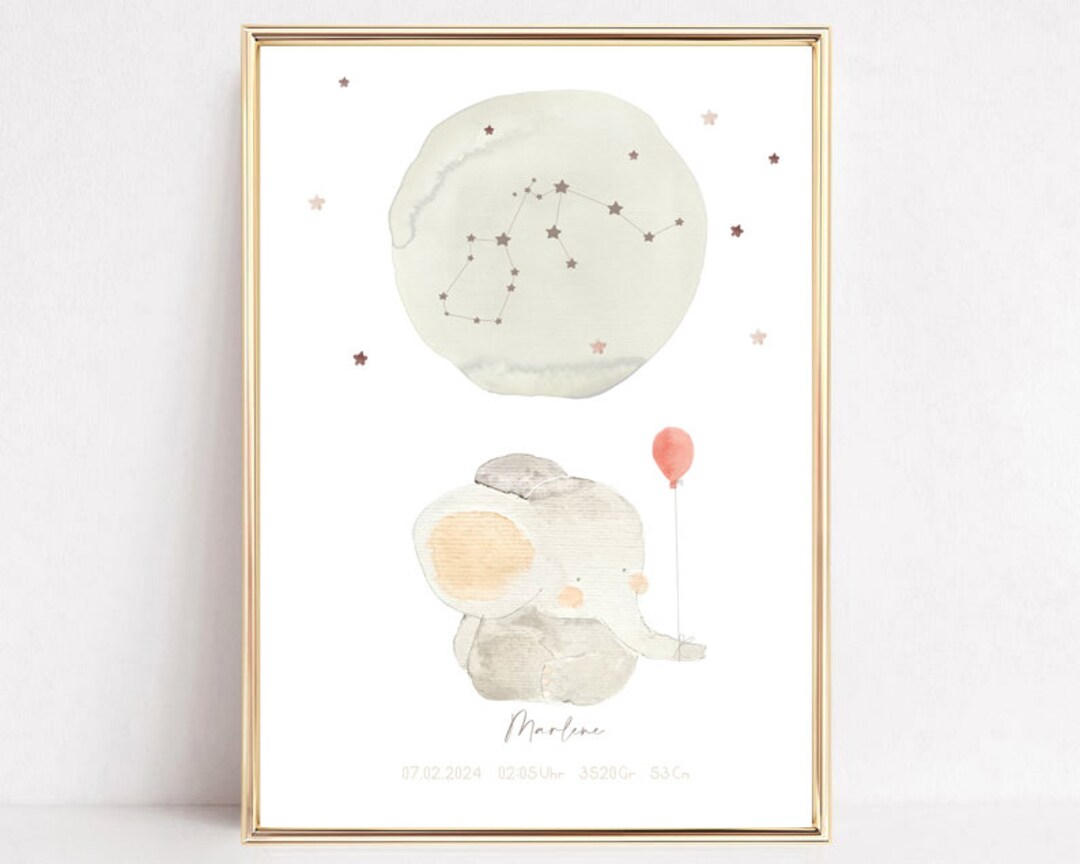 Birth Announcement, Little Elephant Children's Room, Zodiac Sign ...