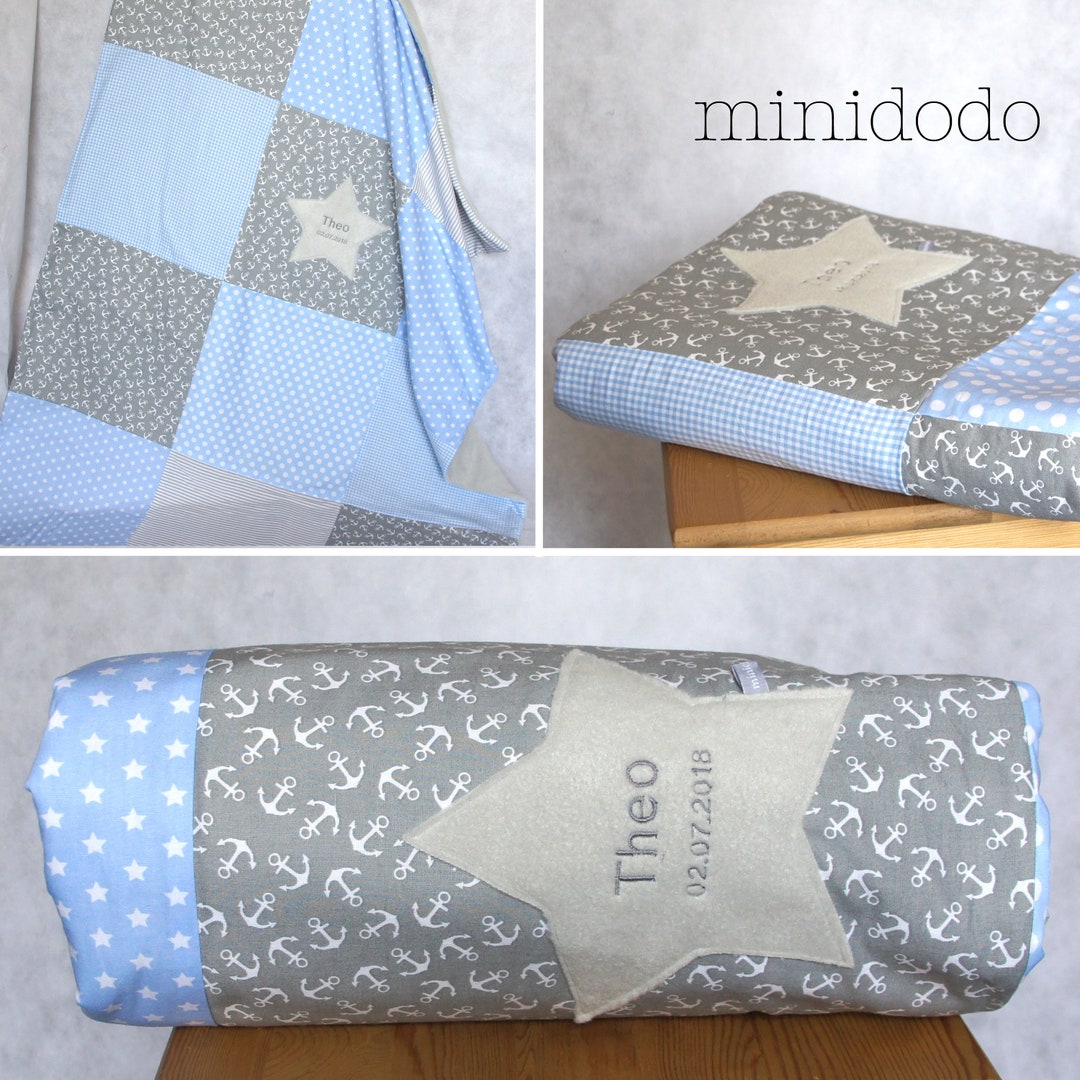 Babydecke mit Namen Patchworkdecke Decke hellblau grau - Etsy 日本