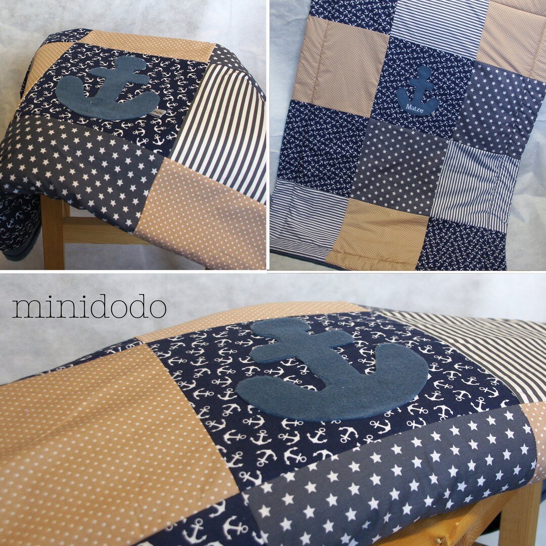 Crab Blanket With Name Patchwork Blanket Dark Blue Beige - Etsy