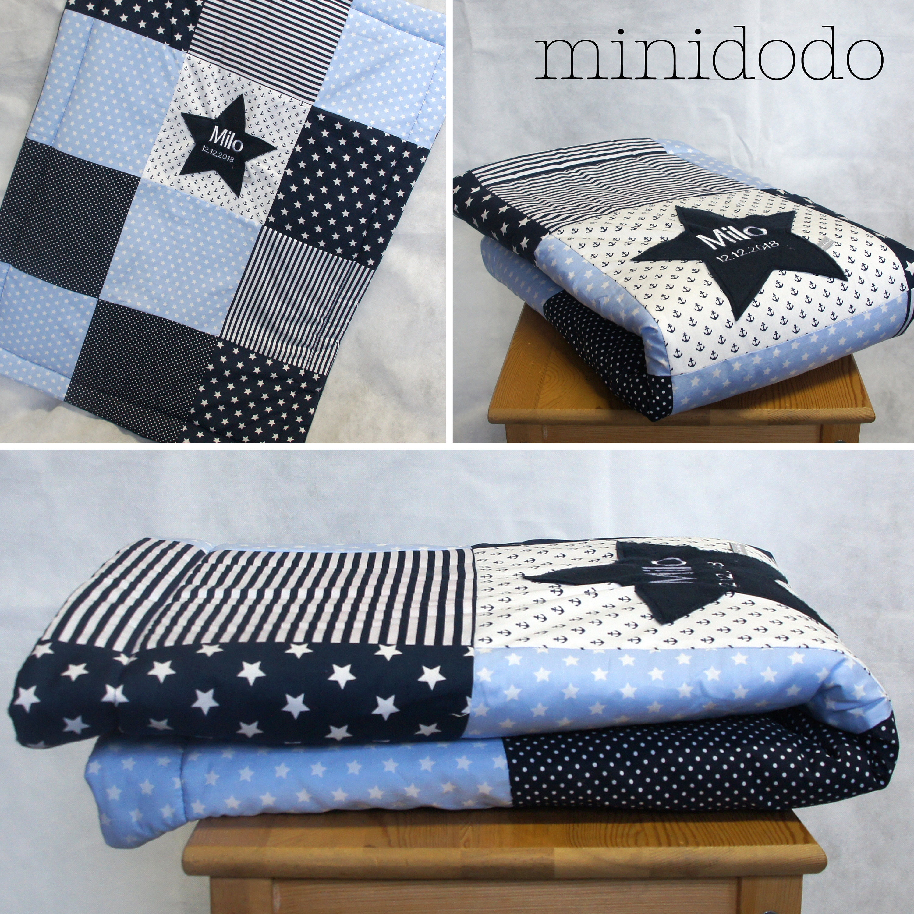 Babydecke mit Namen Patchworkdecke Decke dunkelblau hellblau - Etsy.de