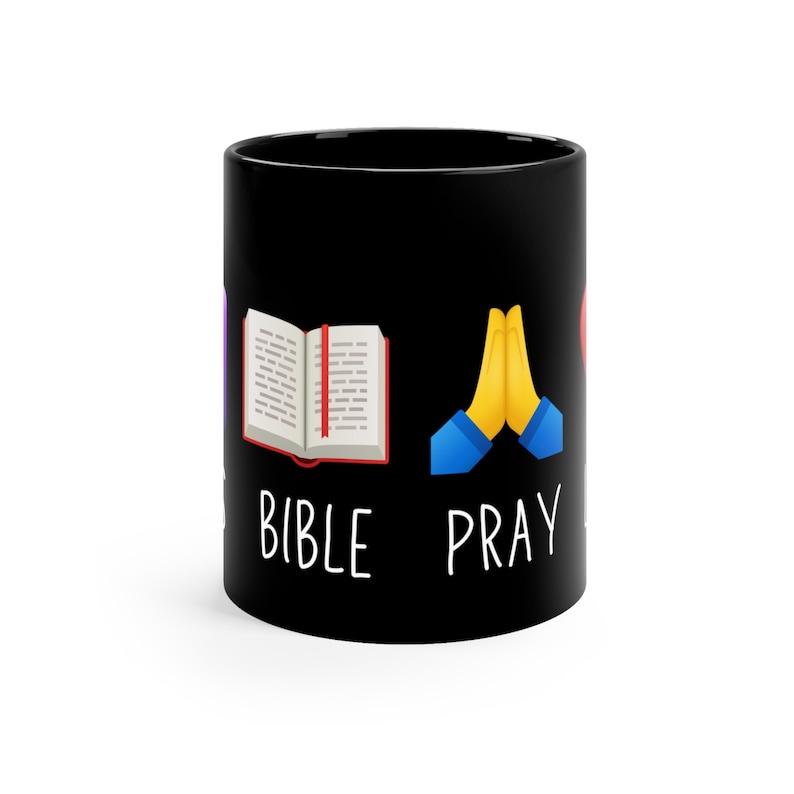 Christian Faith Emoji Mug - 11 Oz Black - Jesus, Bible, Pray, Love ...