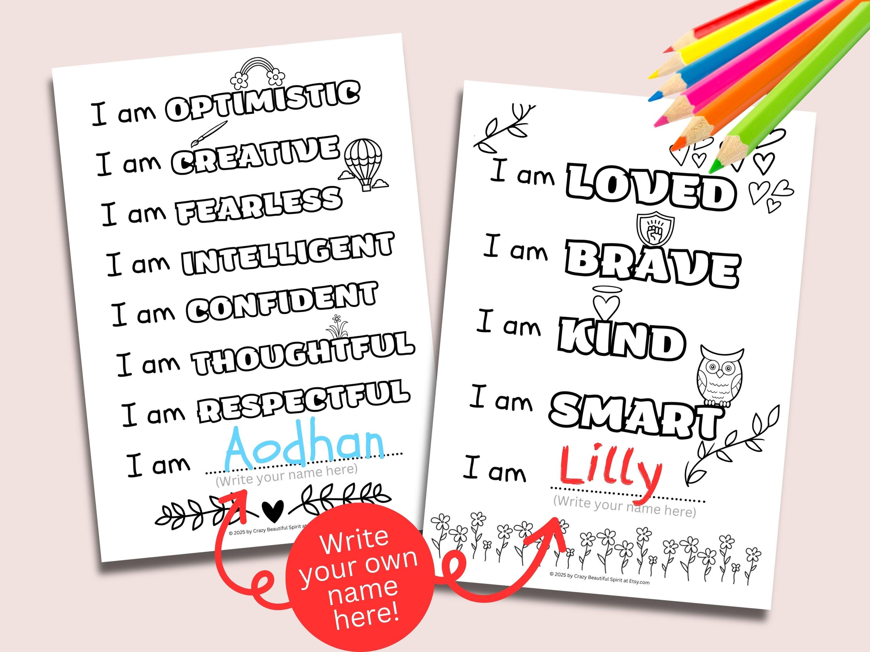 Positive Affirmation Coloring Pages for Kids, Printable Instant Digital ...