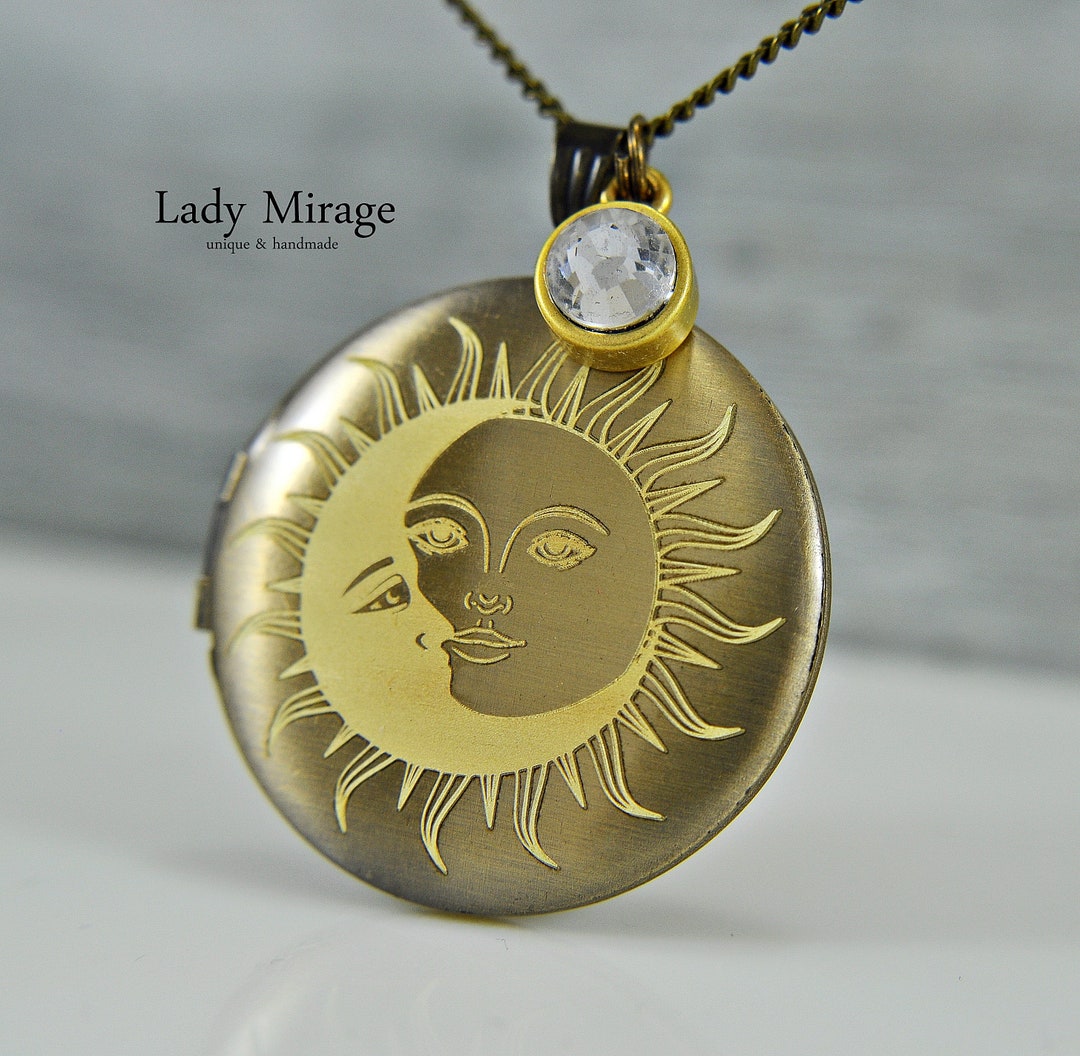 Moon and Sun - Locket Necklace - Photo Locket - With Rhinestone - Brass ...