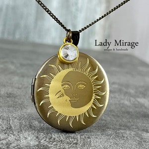Moon and Sun - Locket Necklace - Photo Locket - With Rhinestone - Brass ...