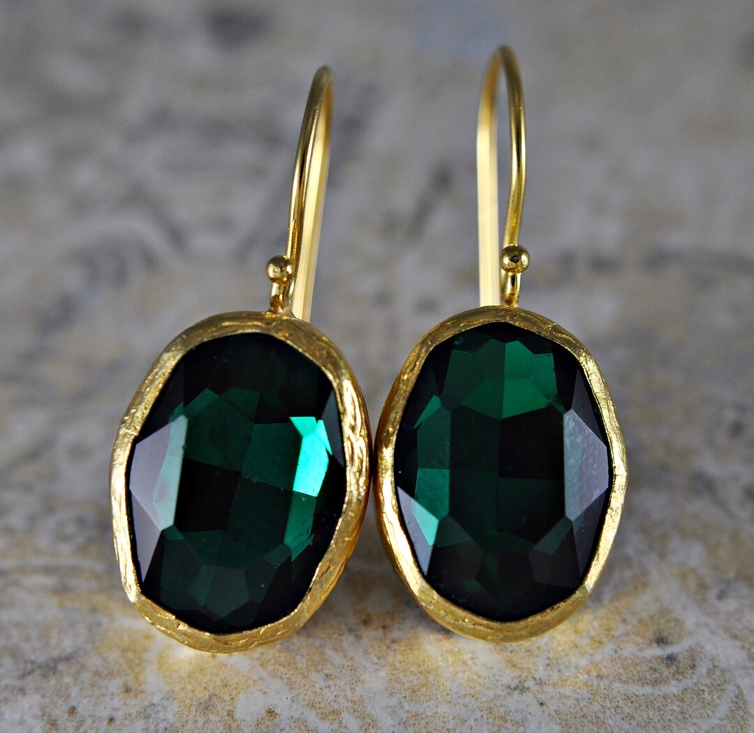 Emerald Green Earrings Gold Plated Brass - Etsy