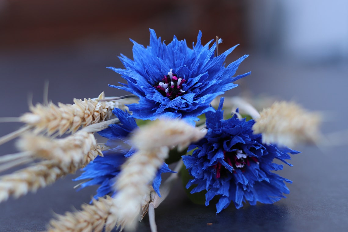 Bouquet of Handmade Cornflowers From Crepe Paper & Grasses / - Etsy