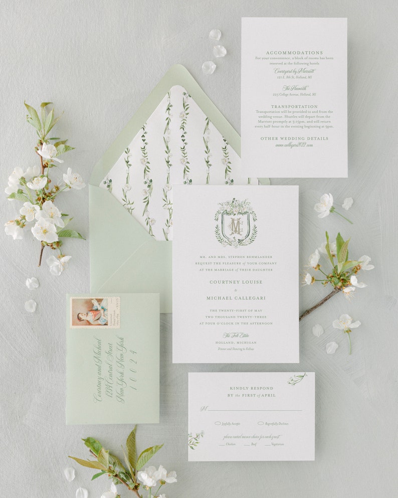 Tulip Blanche Wedding Invitation Suite | Watercolor Floral Crest and ...