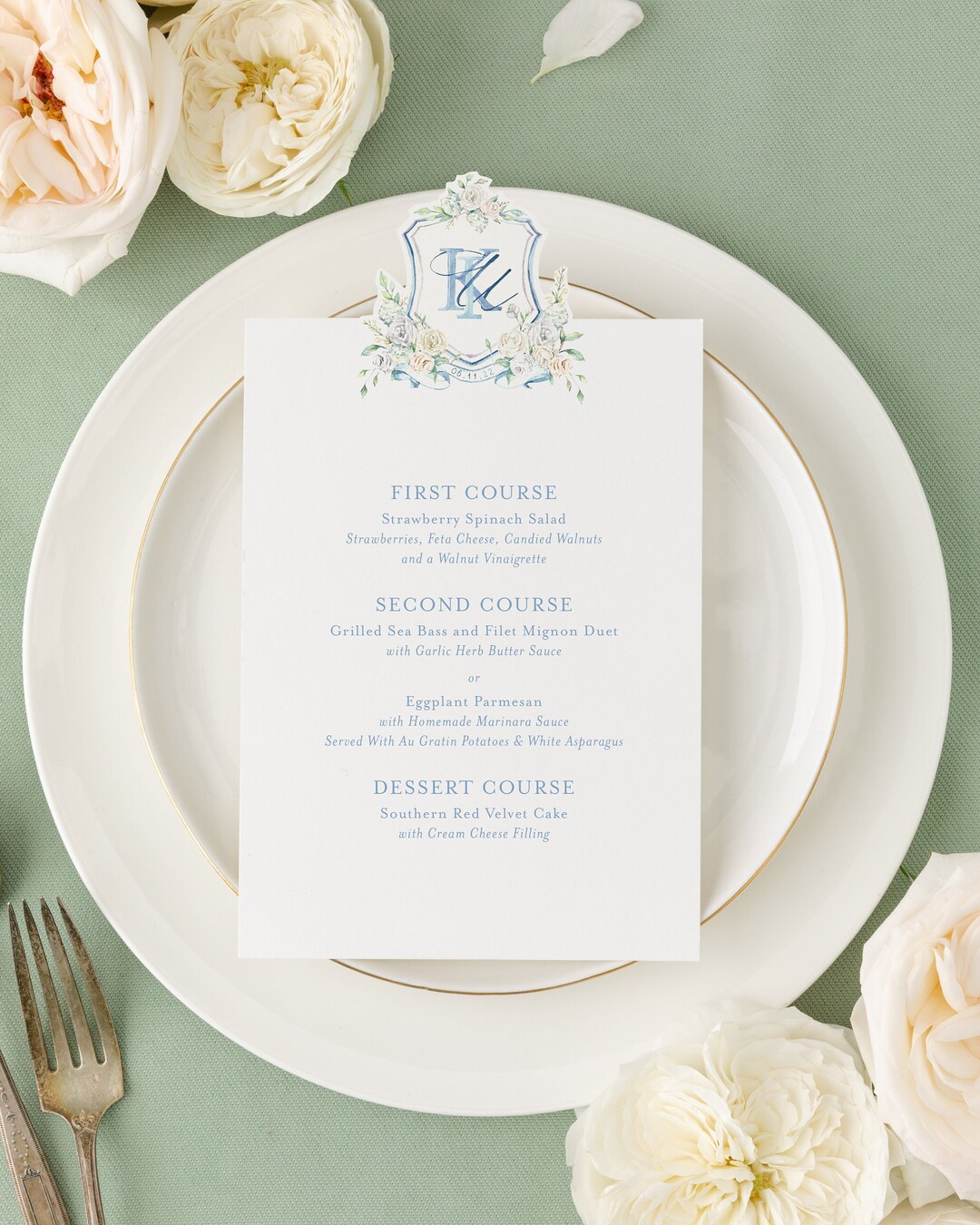 Katherine Menu | Floral Watercolor Crest With Monogram Wedding Menus - Etsy
