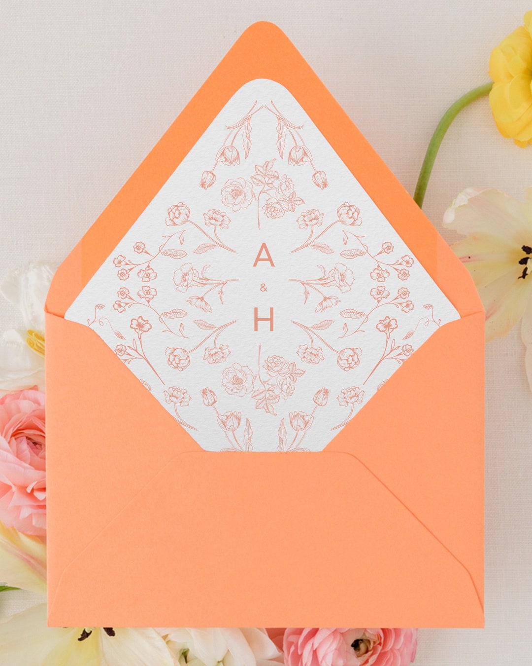 Full Bloom Envelope Liner | Illustrated Floral Pattern With Monogram - Etsy