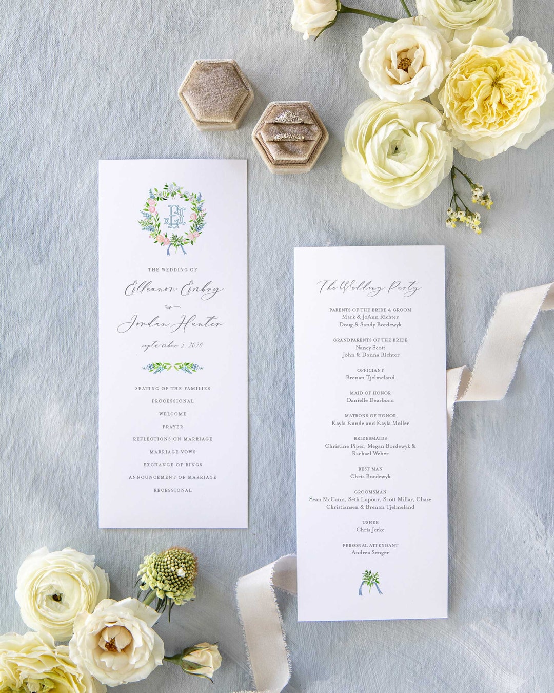 Ellie Wedding Programs | 4" X 9" Preppy Floral Watercolor Crests ...