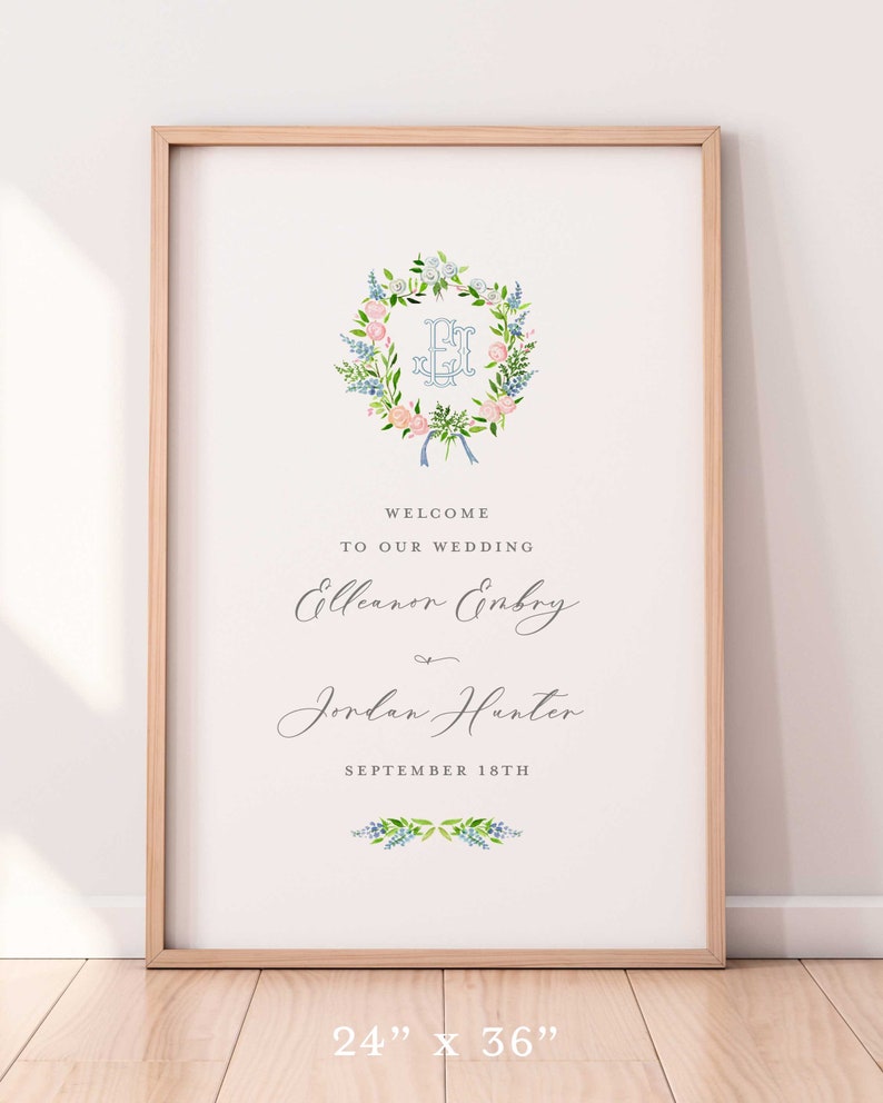Ellie Welcome Sign | Preppy Floral Watercolor Crest Welcome Sign With ...