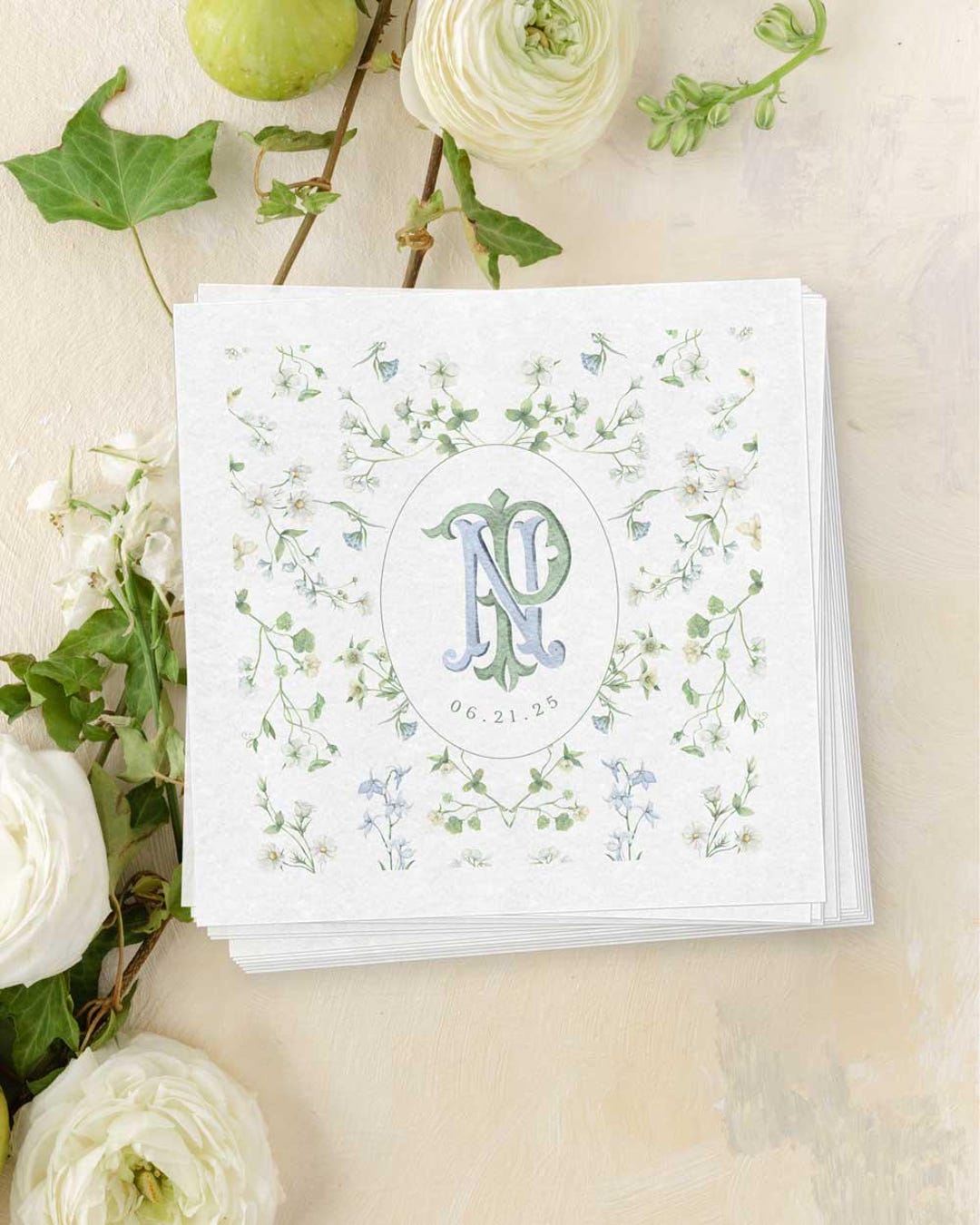 Allure Napkins | Watercolor Floral and Monogram Cocktail Napkins - Etsy