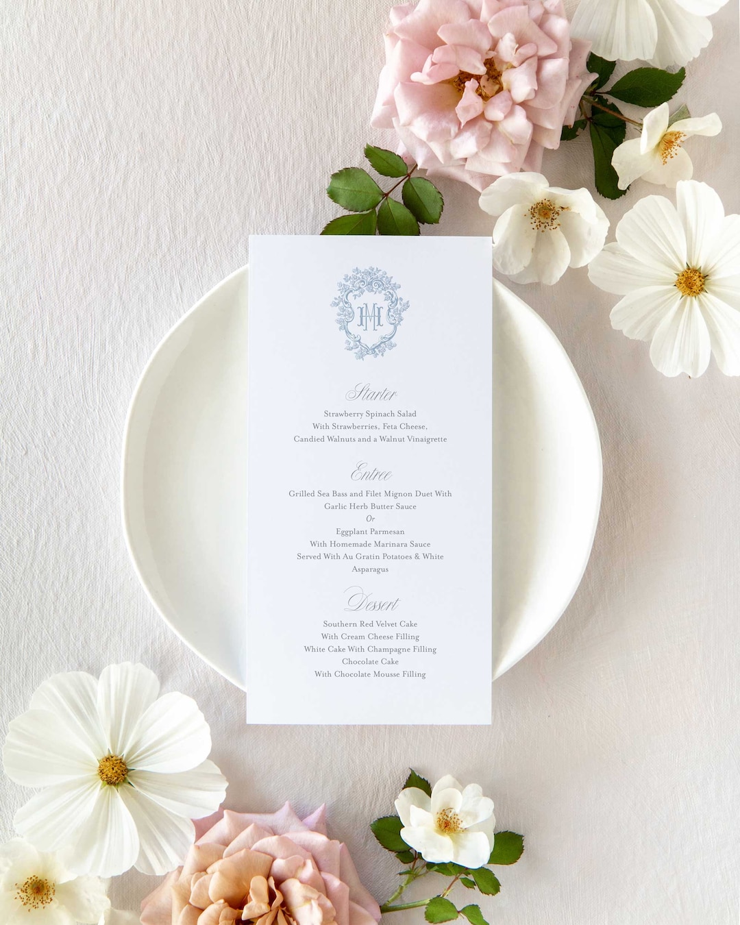 Barry Menu | Wedding Menus With Vintage Hydrangea Floral Crest and ...