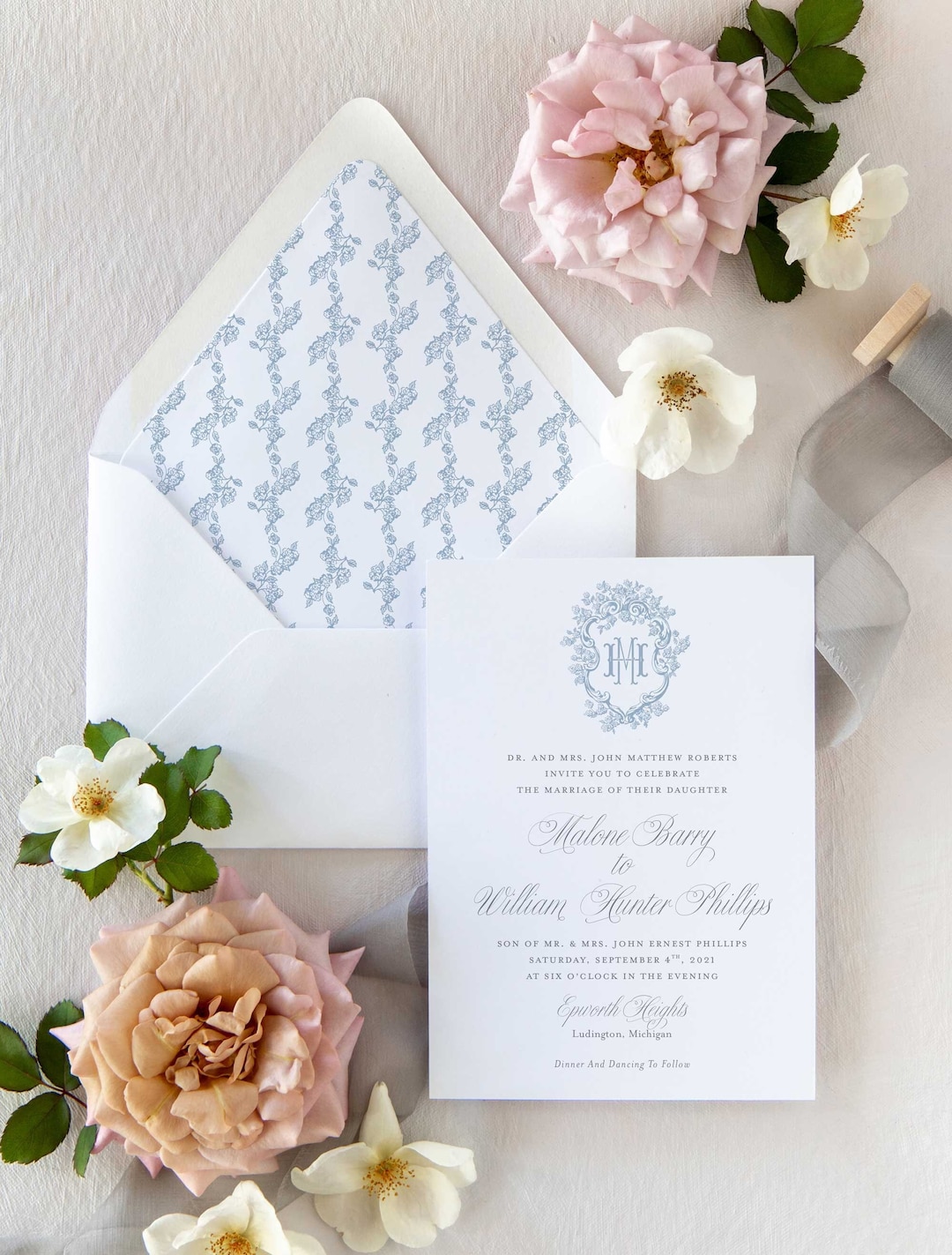 Barry Wedding Invitation Suite | Hydrangea Floral Crest and Monogram - Etsy
