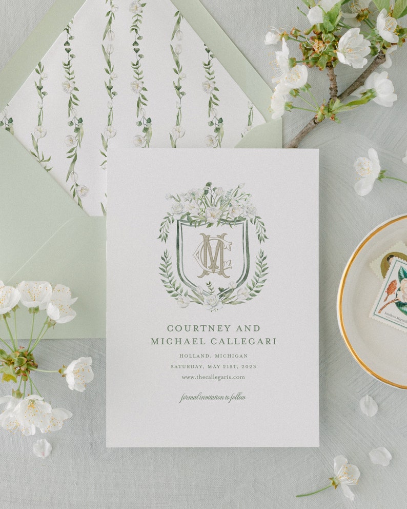 Tulip Blanche Save the Date | Watercolor Floral Crest and Monogram - Etsy
