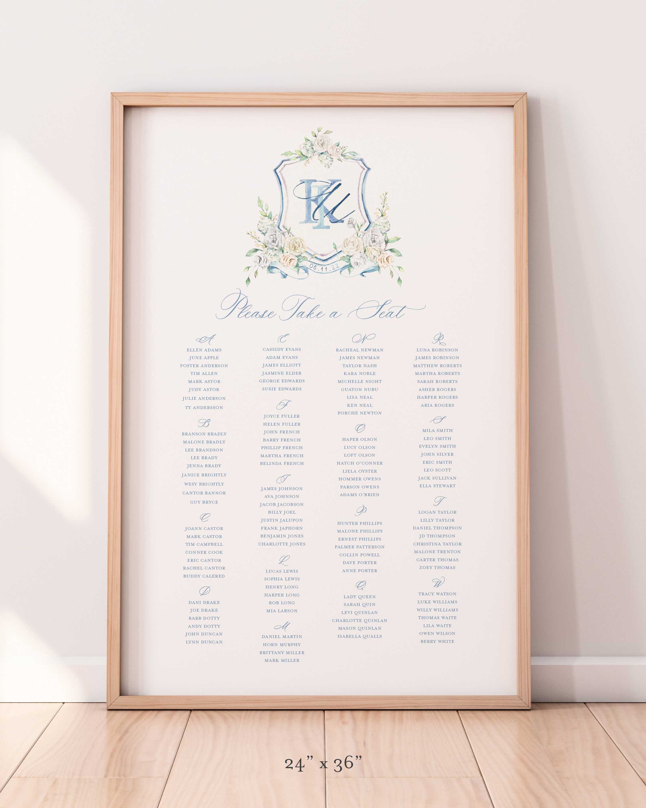 Katherine Seating Chart Sign | Elegant Floral Watercolor Crest Seating ...