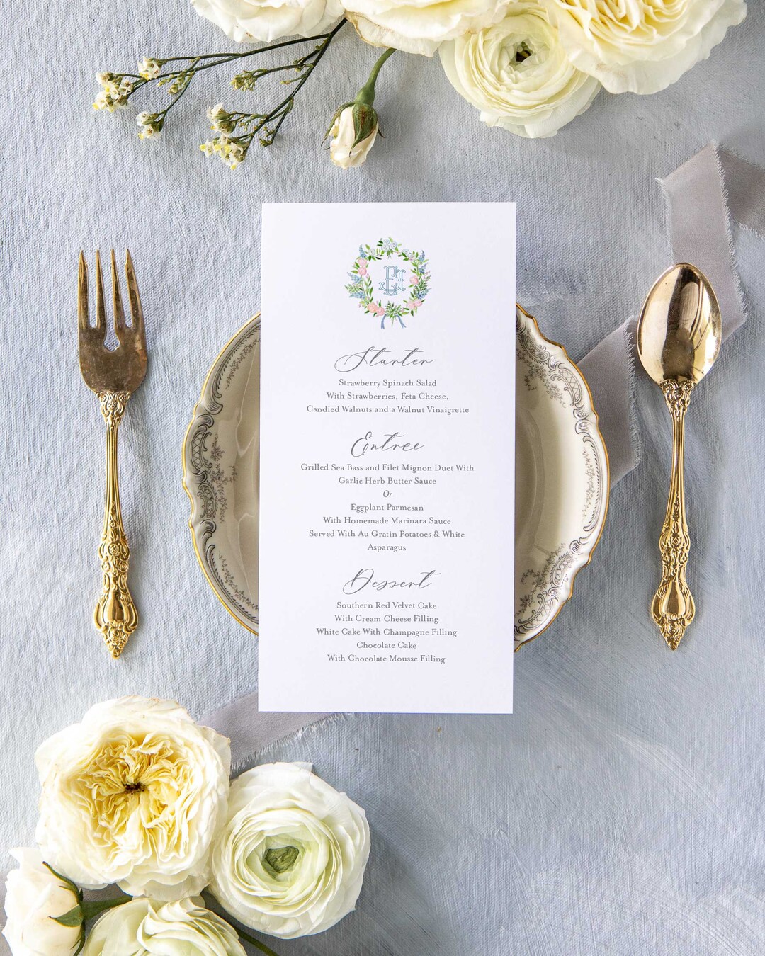 Ellie Menu | Preppy Floral Watercolor Crest Wedding Menus - Etsy
