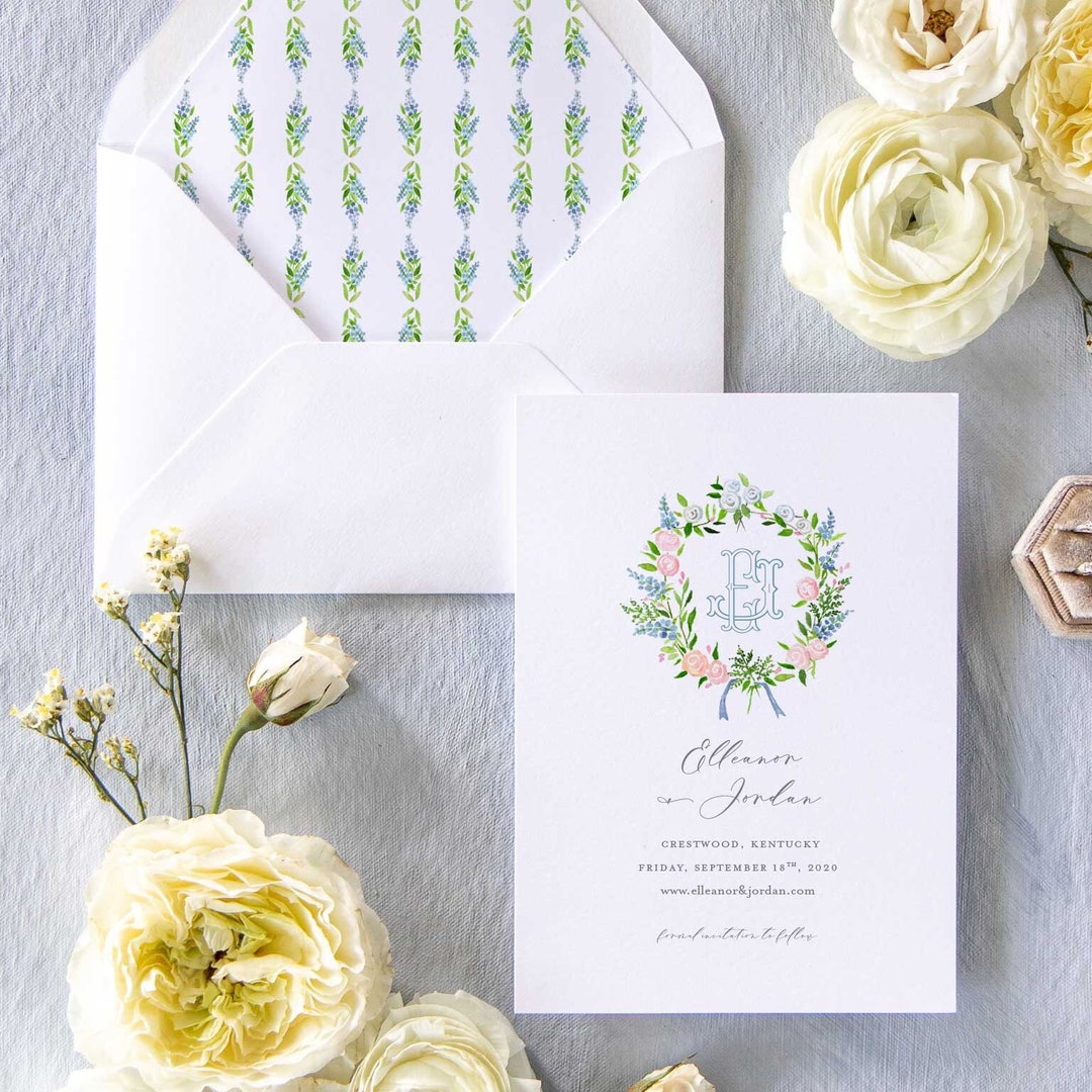 Ellie Save the Date | Watercolor Floral Crest and Monogram - Etsy
