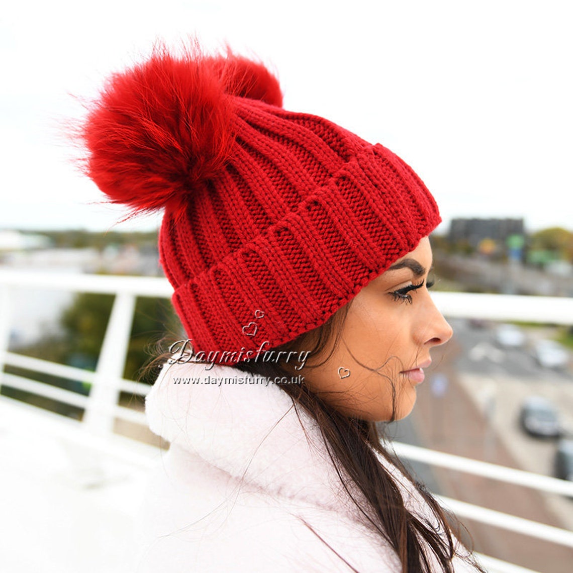 Red Double Raccoon Fur Pom Pom Hat | Etsy UK