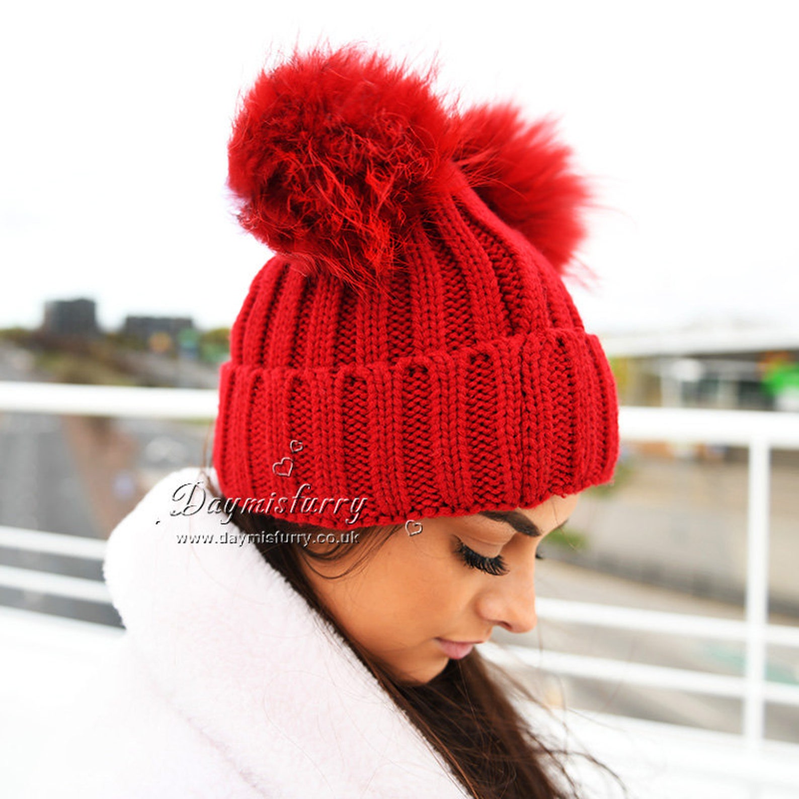 Red Double Raccoon Fur Pom Pom Hat - Etsy UK