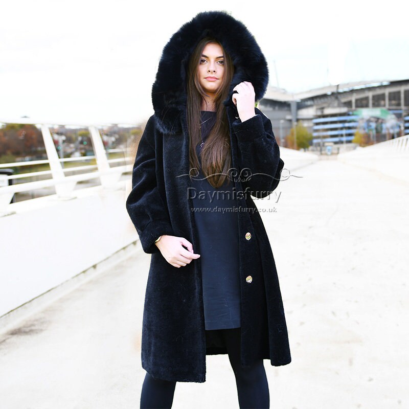 Teddy Wool Hoody Coat With Fox Fur Trim in Black - Etsy UK