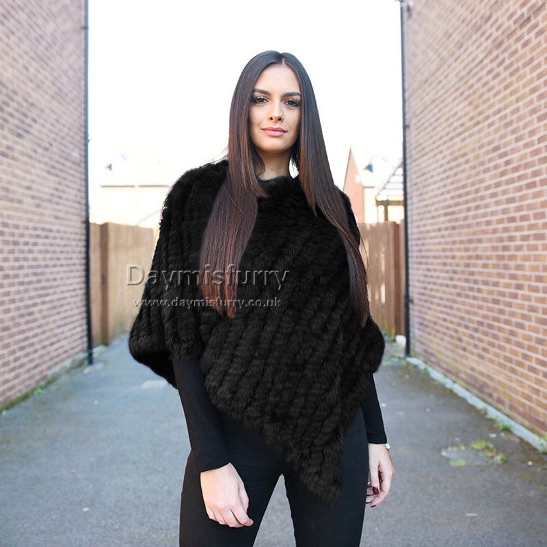 Knit Black Rabbit Fur Shawl / Fur Cape Real Fur Poncho Real - Etsy