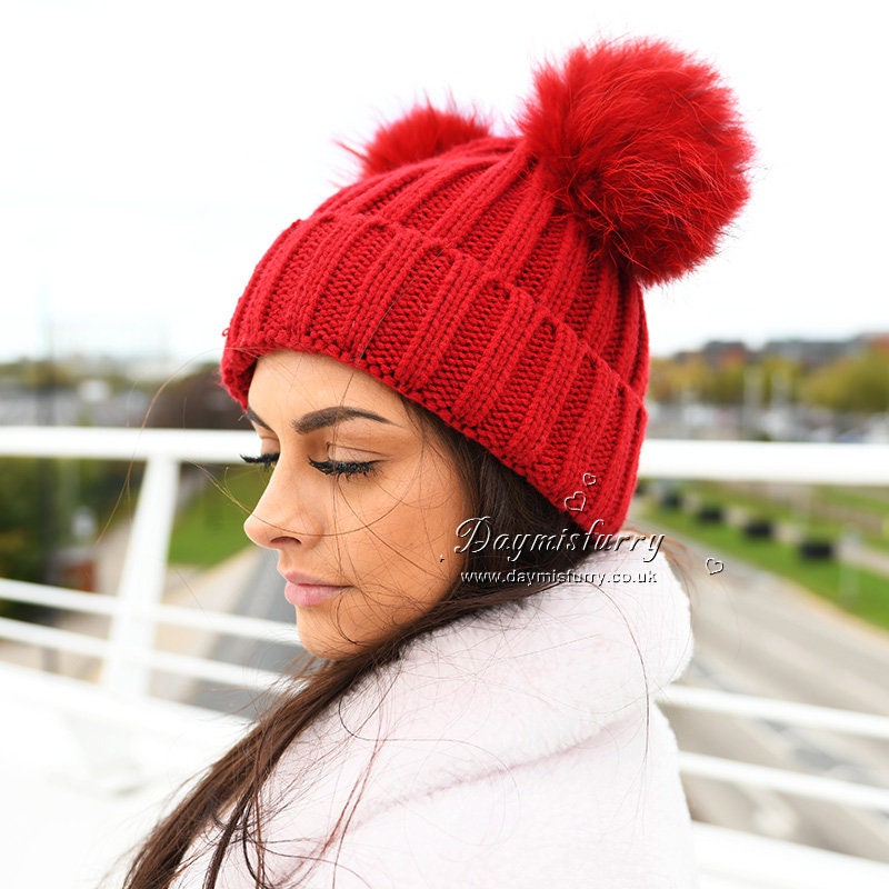 Red Double Raccoon Fur Pom Pom Hat - Etsy UK