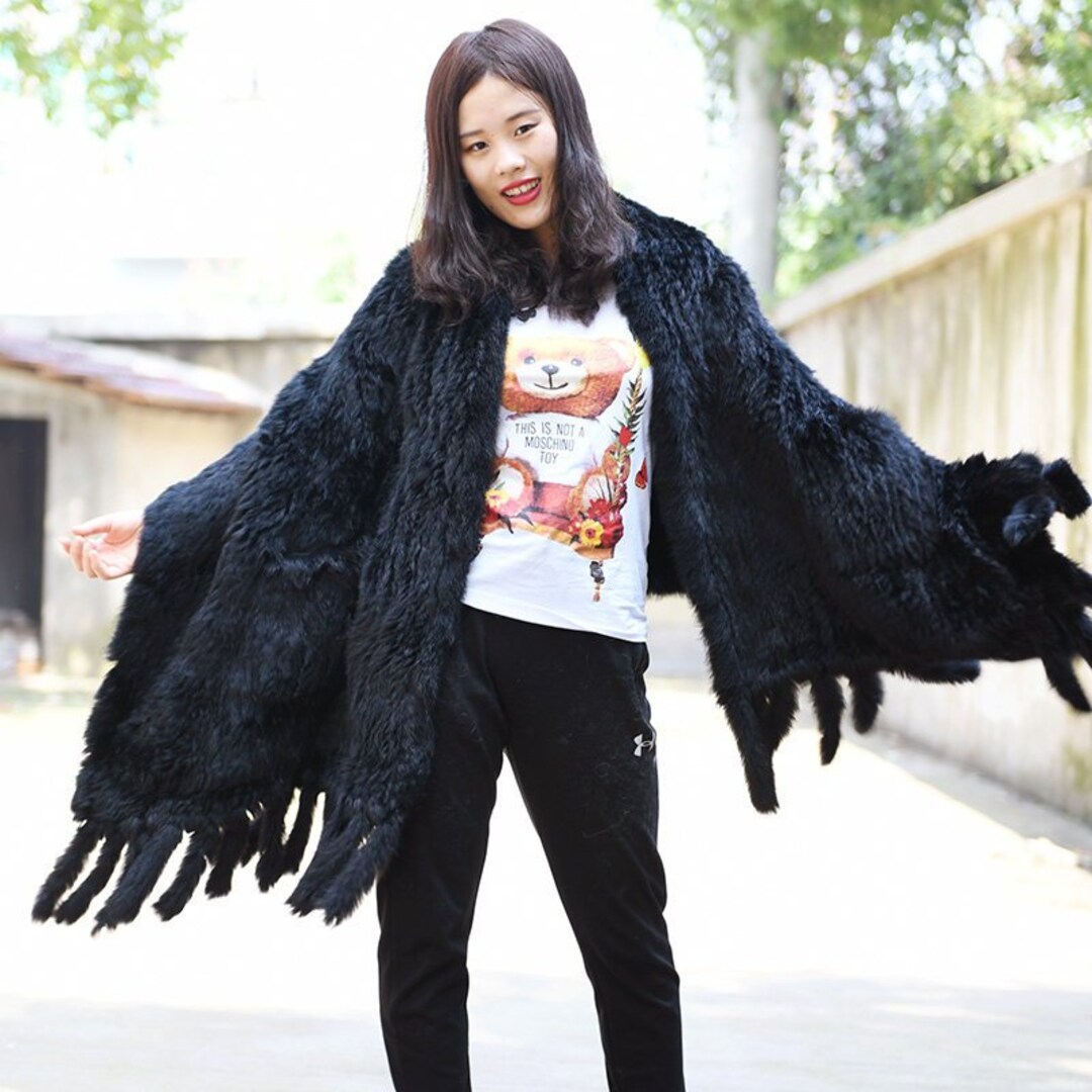 Knitted Rabbit Fur Shawl With Fringes - Etsy