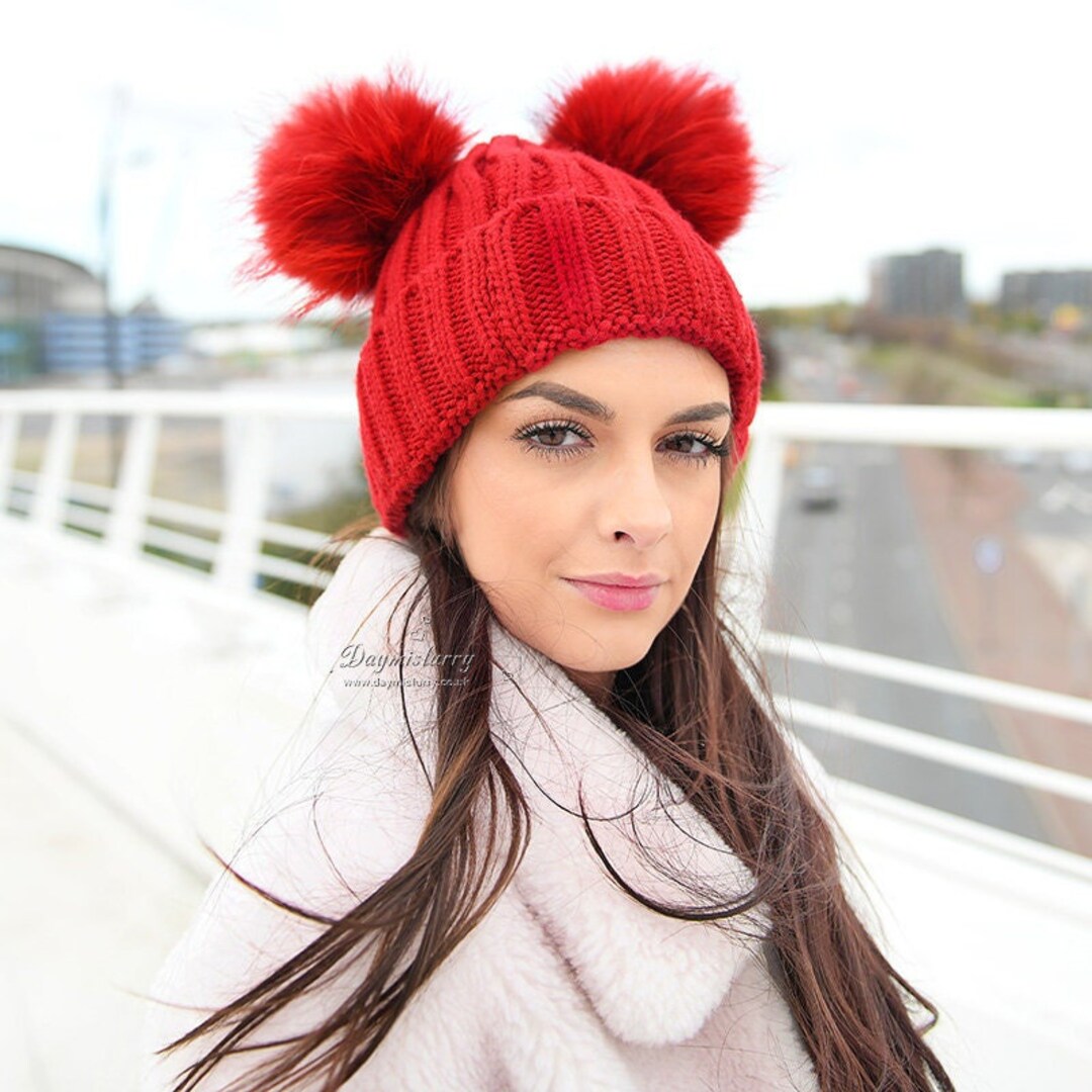 Red Double Raccoon Fur Pom Pom Hat - Etsy UK