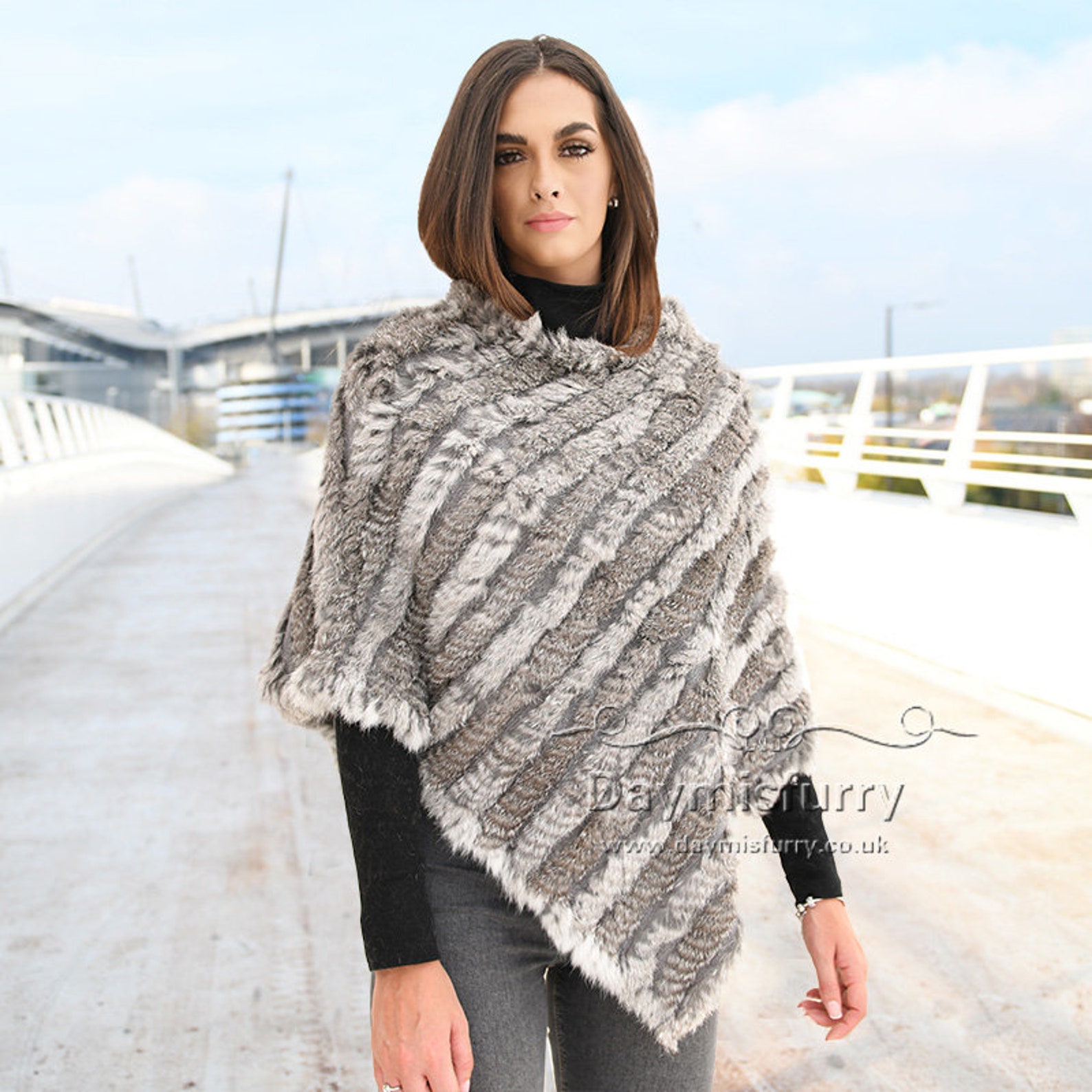 Knit Rabbit Fur Poncho / Fur Cape Natural Grey - Etsy UK