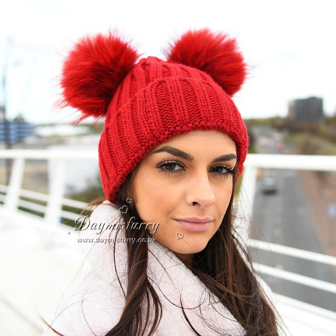 Red Double Raccoon Fur Pom Pom Hat | Etsy UK