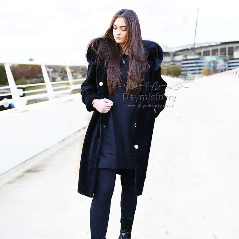 Teddy Wool Hoody Coat With Fox Fur Trim in Black - Etsy UK