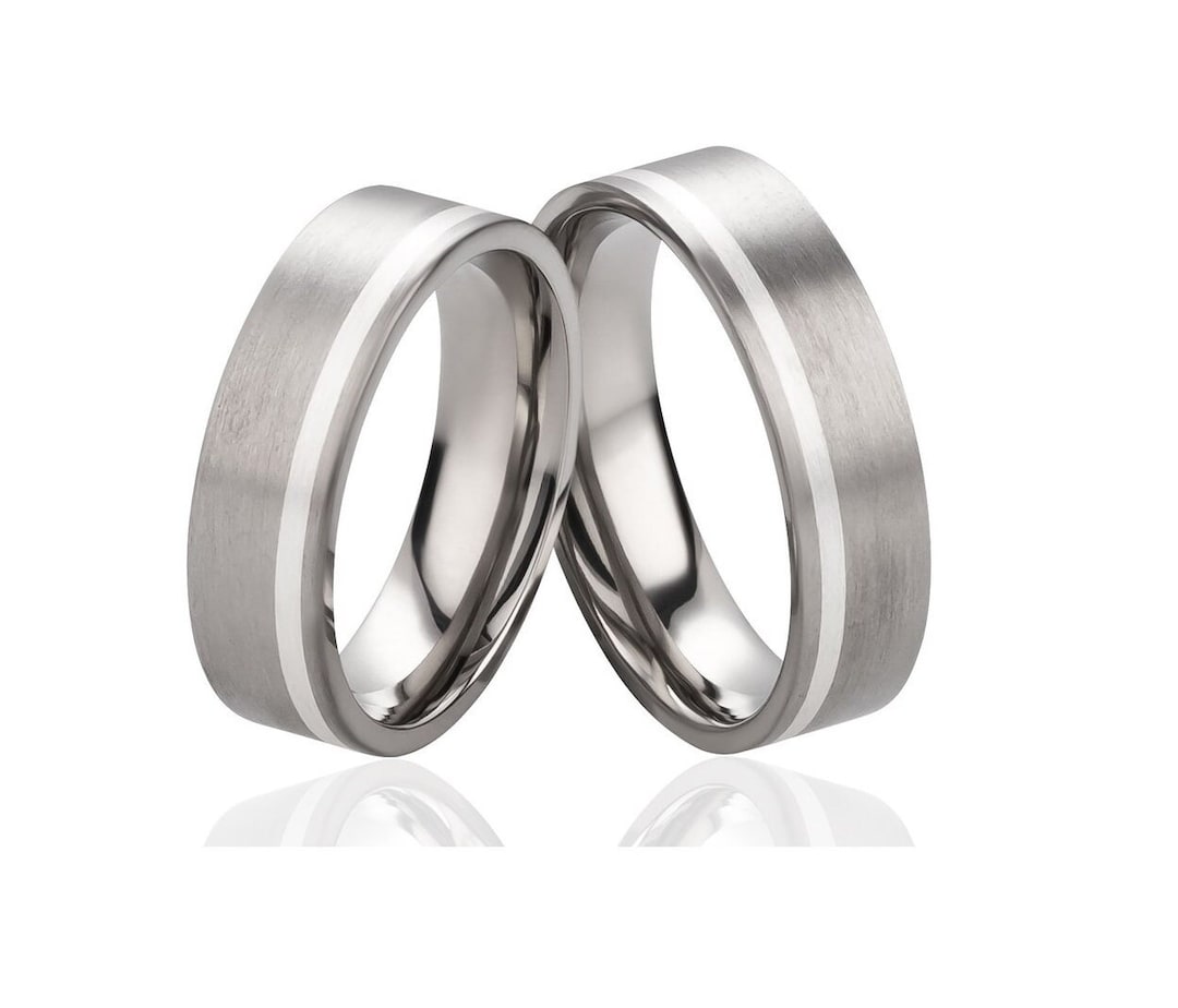 Partner Rings Set Titanium With Silver Inlay Engravable Customizable ...