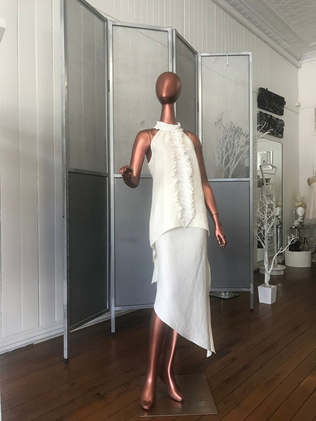 Cream Linen Ruffle Halter Top With Lace Collar - Size 14 | LINEN & LACE ...