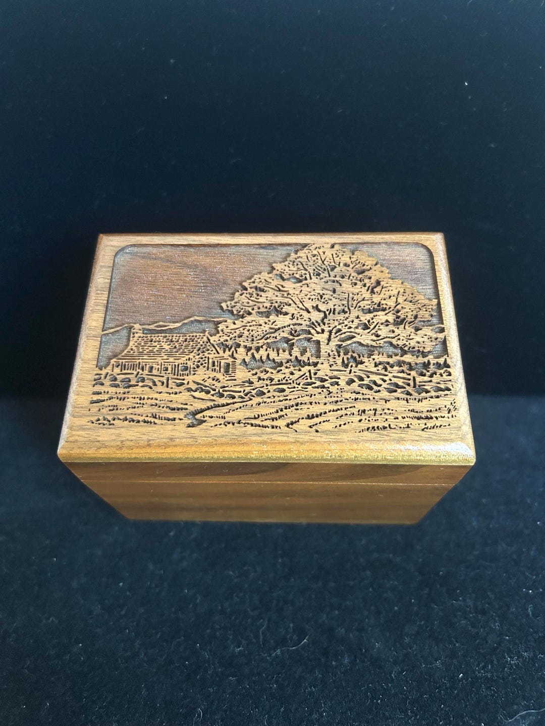 Vintage Lasercraft Walnut Wood House & Tree Design Trinket Box Vtg ...