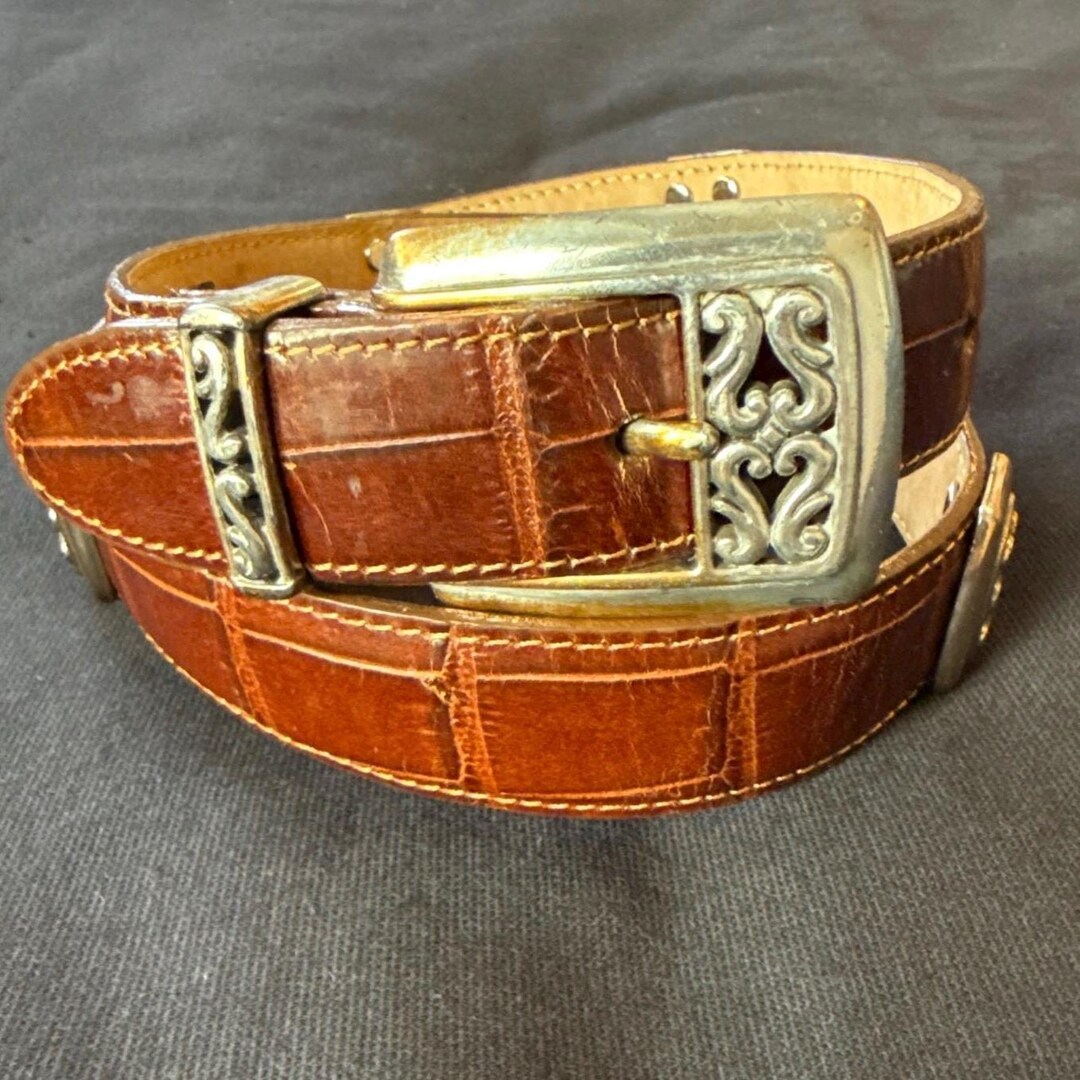 Vintage Brighton Genuine Brown Leather Belt Silver Tone Buckle Hardware ...