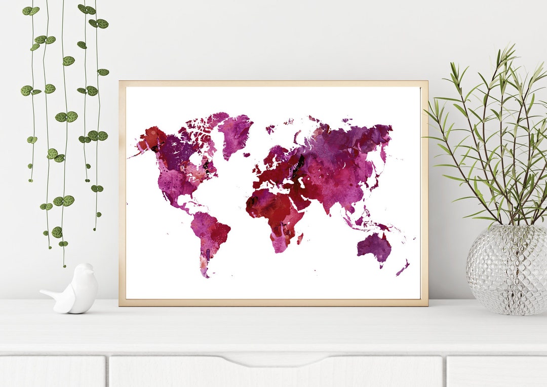 Poster World Map Magenta Red Watercolor Poster Wall Decoration Various ...