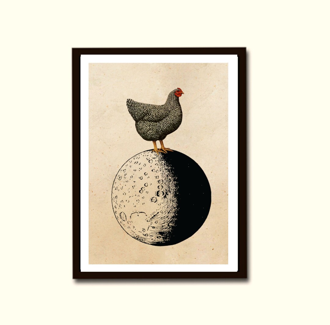 Vintage Print Huhn auf dem Mond Collage Poster Lexikon Wanddekoration ...