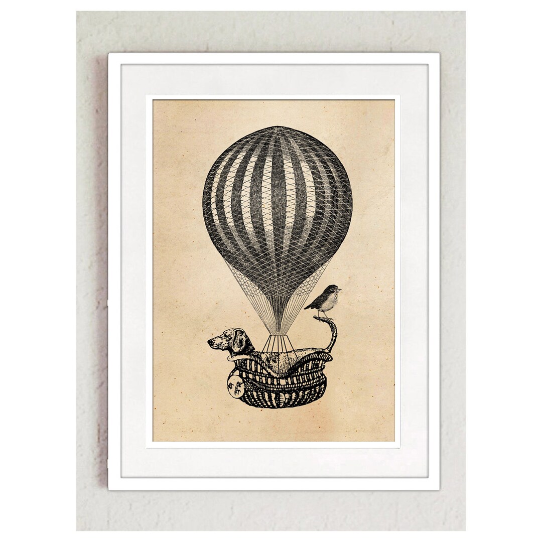 Print Dachshund Flying Vintage Hot Air Balloon Collage Flying Dachshund ...