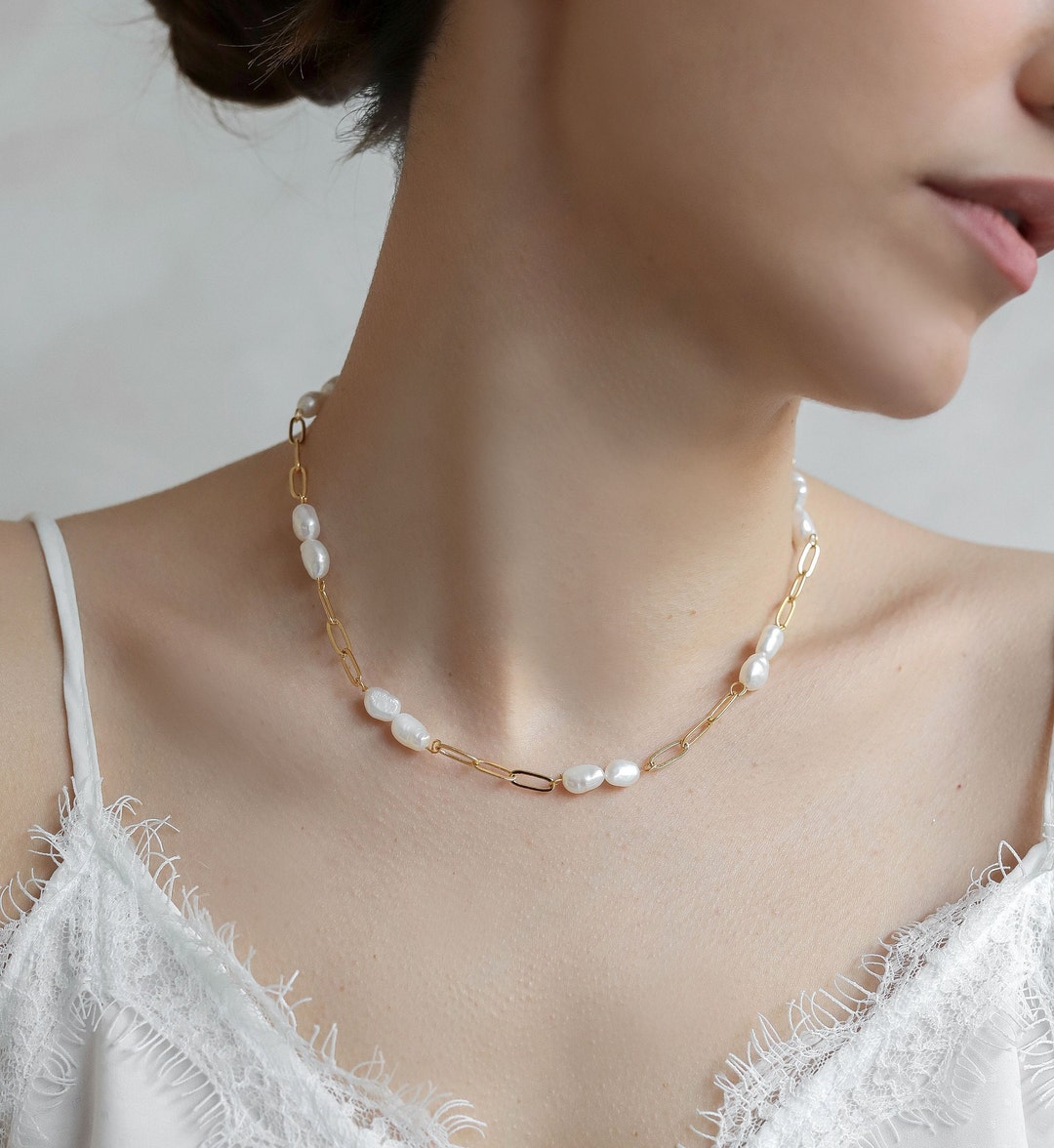 Pearl Choker Necklace Paper Clip Chain Necklace Pearl - Etsy