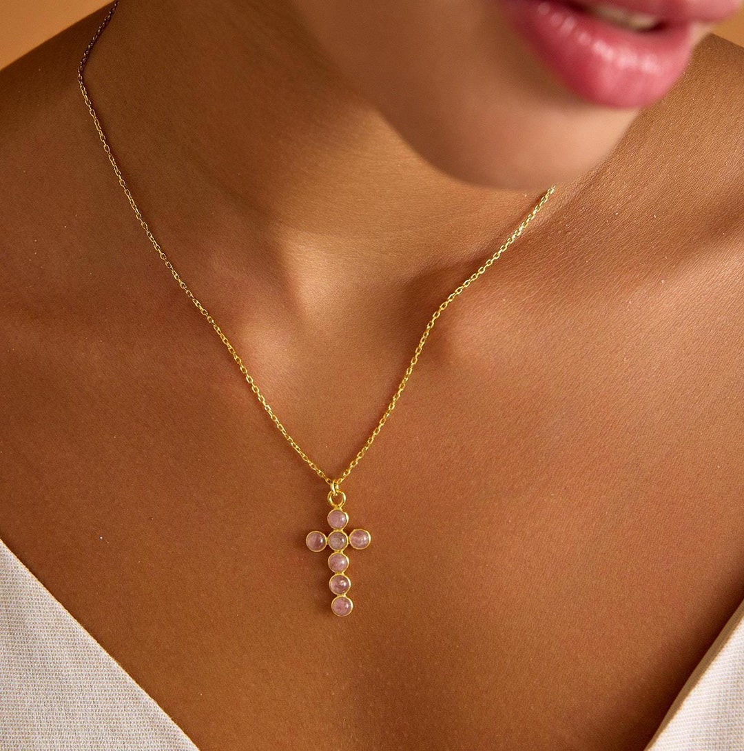 Elegant Rose Quartz Cross Necklace, Rose Quartz Necklace, Cross Jewelry ...