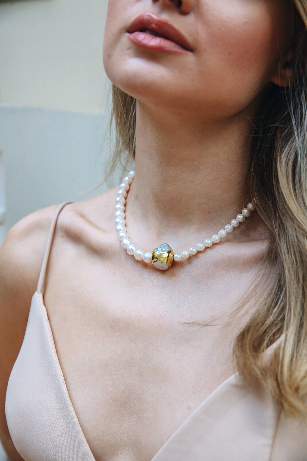 Natural Pearl Necklace, Gold Baroque Pearl Necklace Choker, Bridal ...