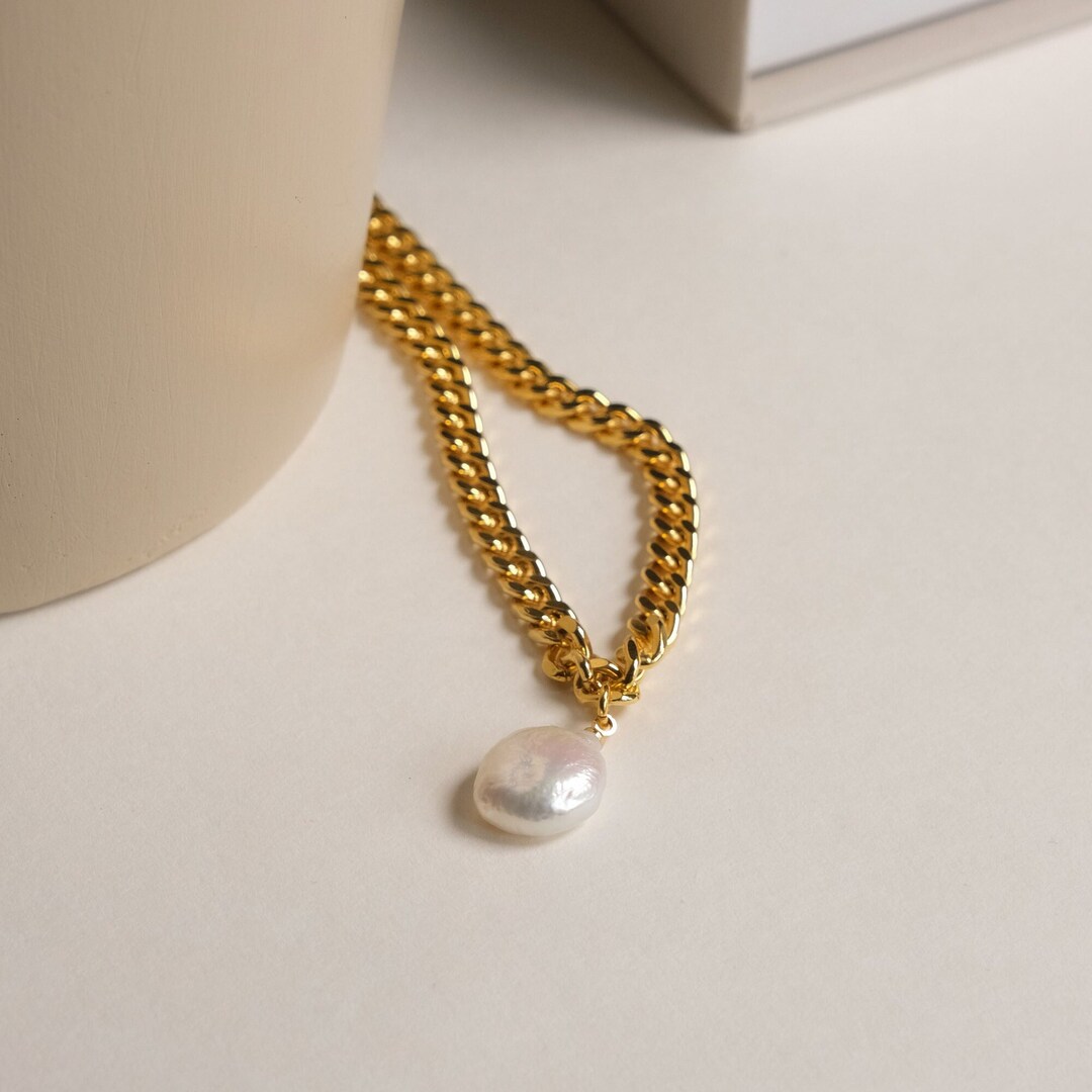 Pearl Chain Necklace, Freshwater Pearl Necklace, Cuban Link Chain ...