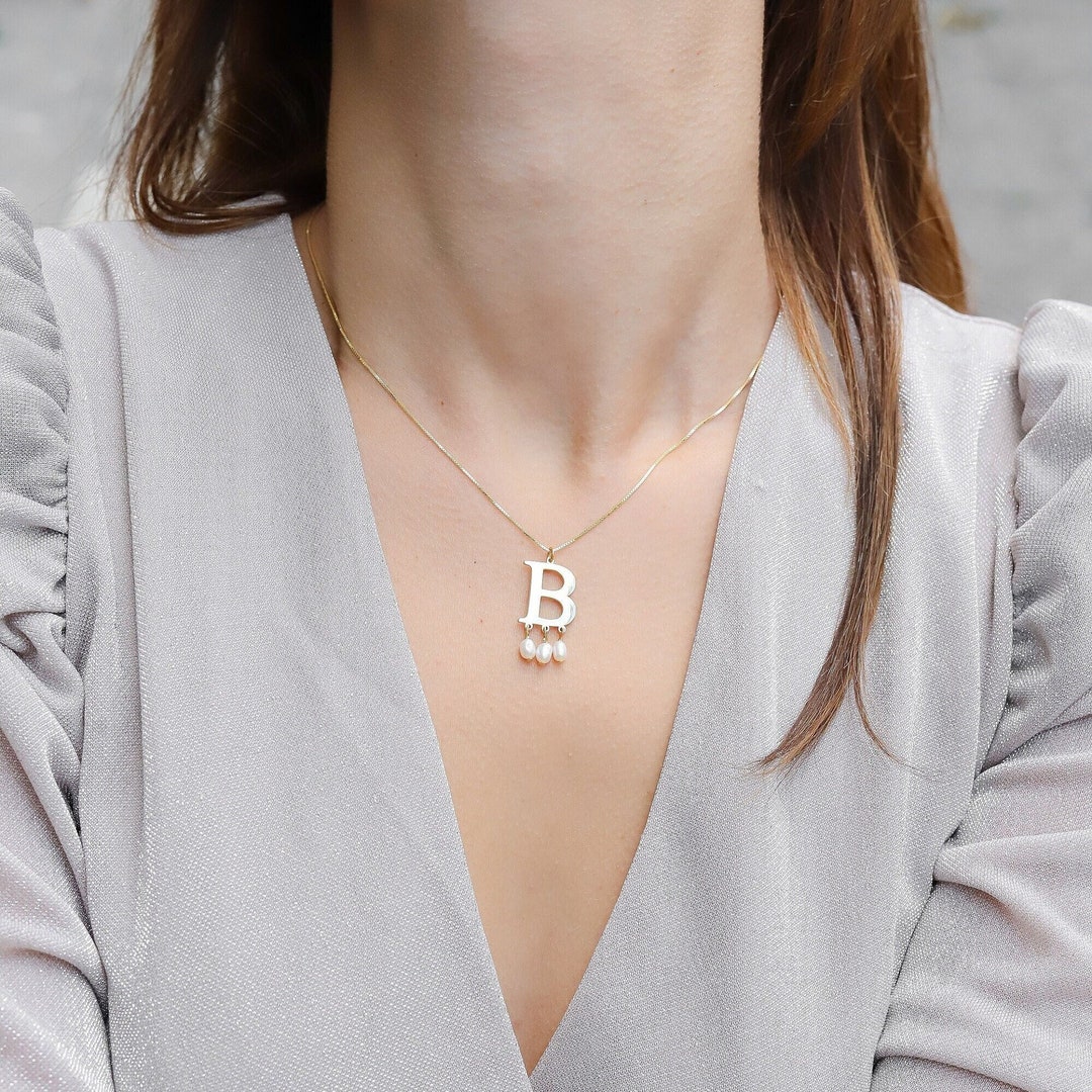 Initial Pearl Necklace, Pearl Beaded Necklace, Letter Necklace, Gold ...