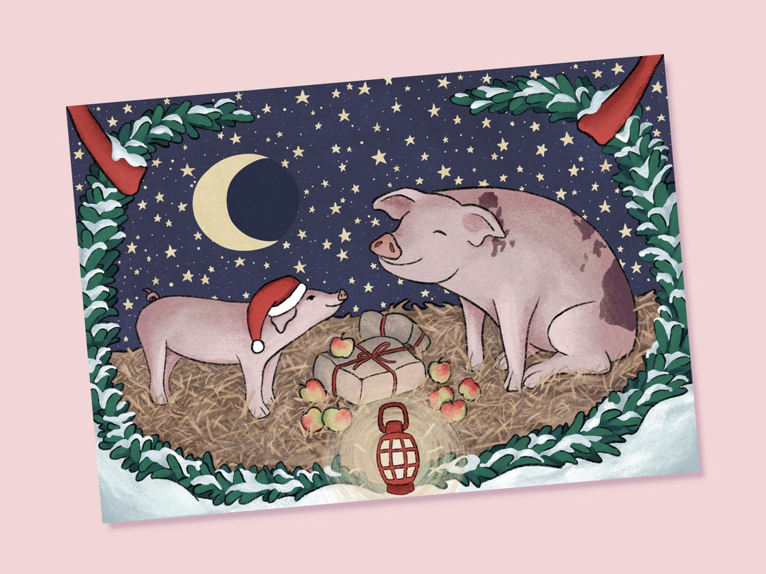 Pigs Under the Starry Winter Sky Set of 5 A6 Christmas - Etsy